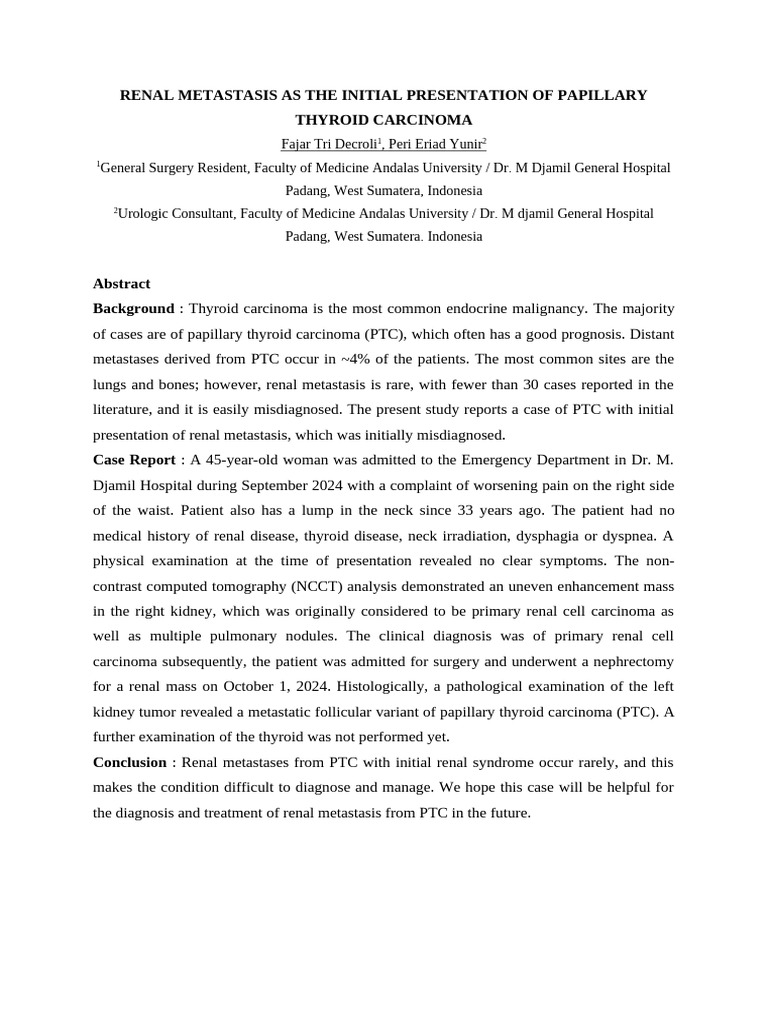 Renal Metastasis in Papillary Thyroid Cancer | PDF