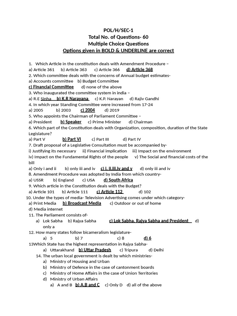 60 Multiple Choice Questions SEC-1 | PDF | Government | Government Of India