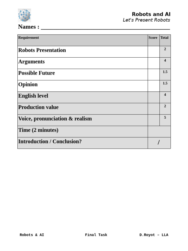 Robots Grading Sheet | PDF