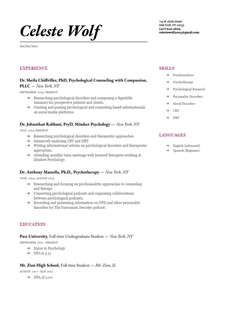 Resume - Celeste Wolf | PDF | Psychotherapy | Dialectical Behavior Therapy