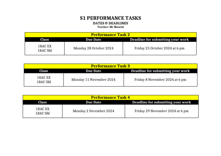 - Performance Tasks Dates & Deadlines 1BAC | PDF