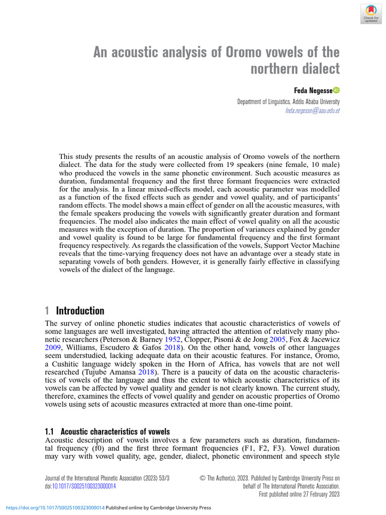 Feda - 2023 - An Acoustic Analysis of Oromo Vowels of The Northern ...