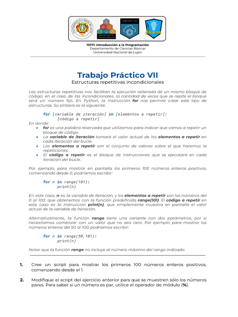TP VII - Estructuras Repetitivas Incondicionales | PDF | Variable (informática) | Python ...