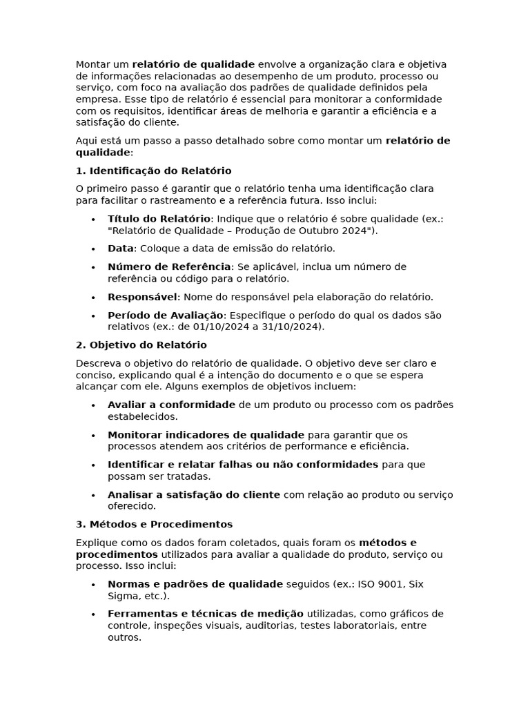relatorio de qualidade | PDF | Qualidade (negócios)