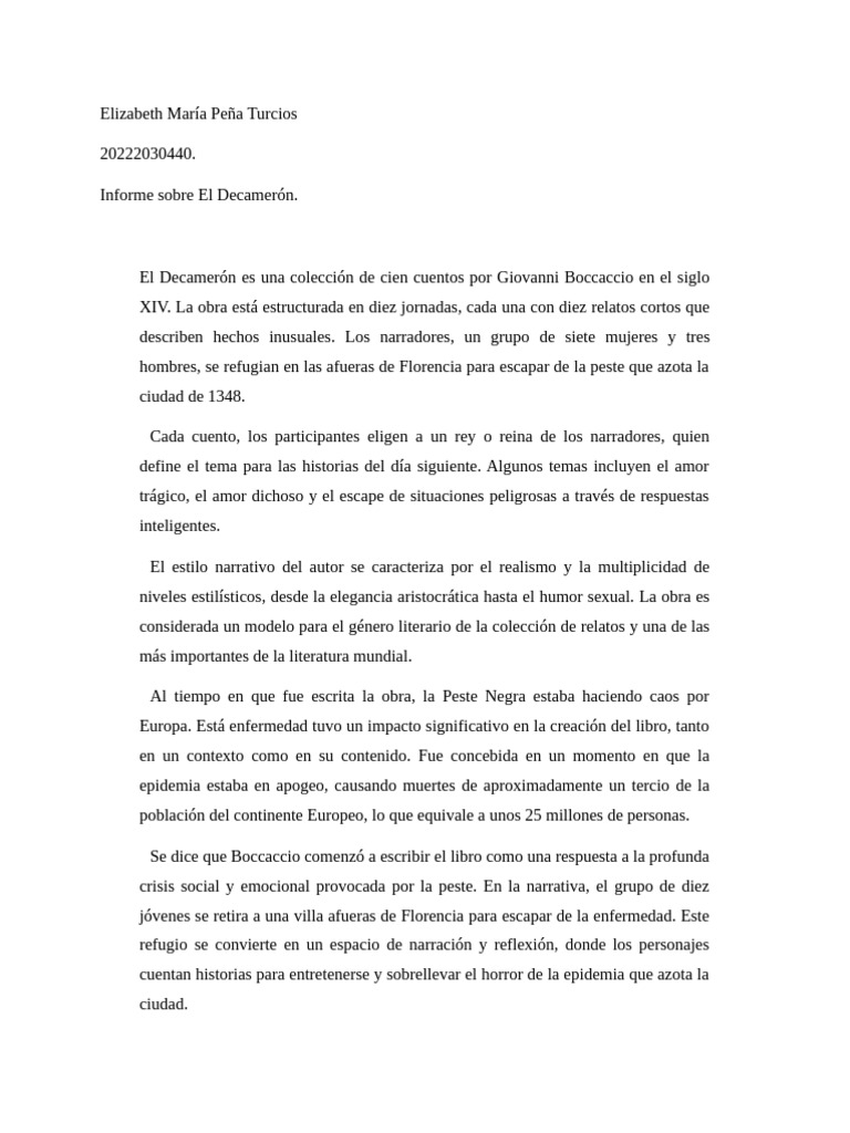 Informe Sobre El Decamerón | PDF | El decameron