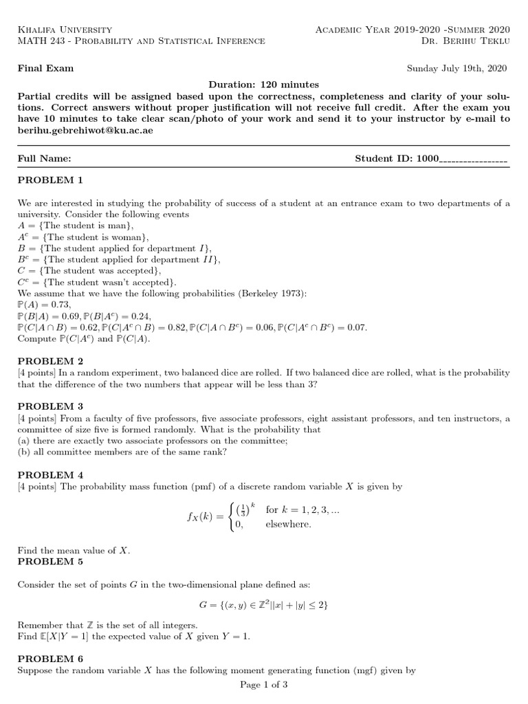 Math 243-Final Exam (Summer-2020) | PDF | Probability Density Function ... Math 243-Final Exam (Summer-2020) | PDF | Probability Density Function ...