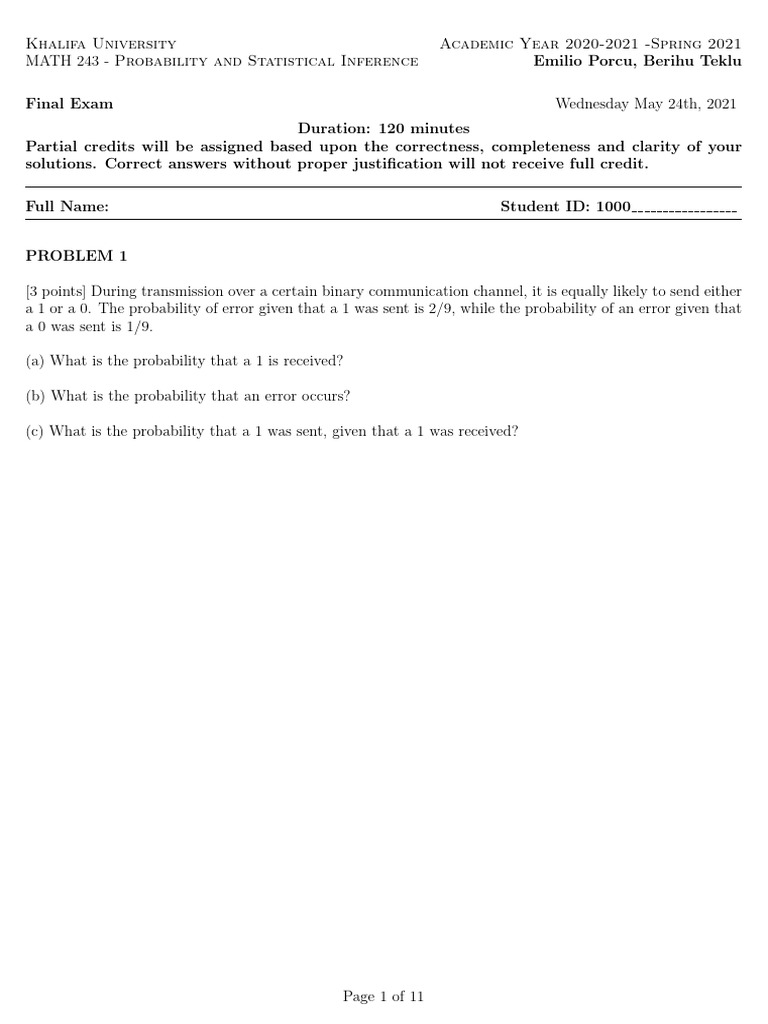 Final Math 243-Spring (2021) | PDF | Probability Density Function | Weighted Arithmetic Mean