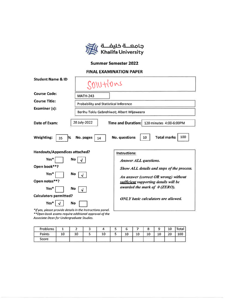 Solution Final Exam Math243 Summer 2022 | PDF