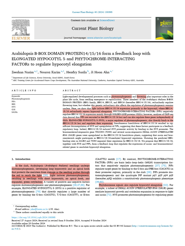 Arabidopsis B BOX DOMAIN PROTEIN14 15 16 Form A Feedback Loop - 2024 ...