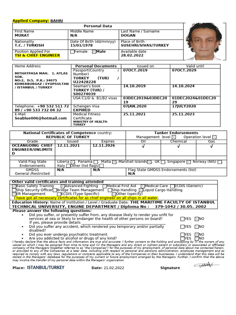 c.v. Application Form- Tsi- Chief Eng.- Murat Dogan 21.02.2022 | PDF ...