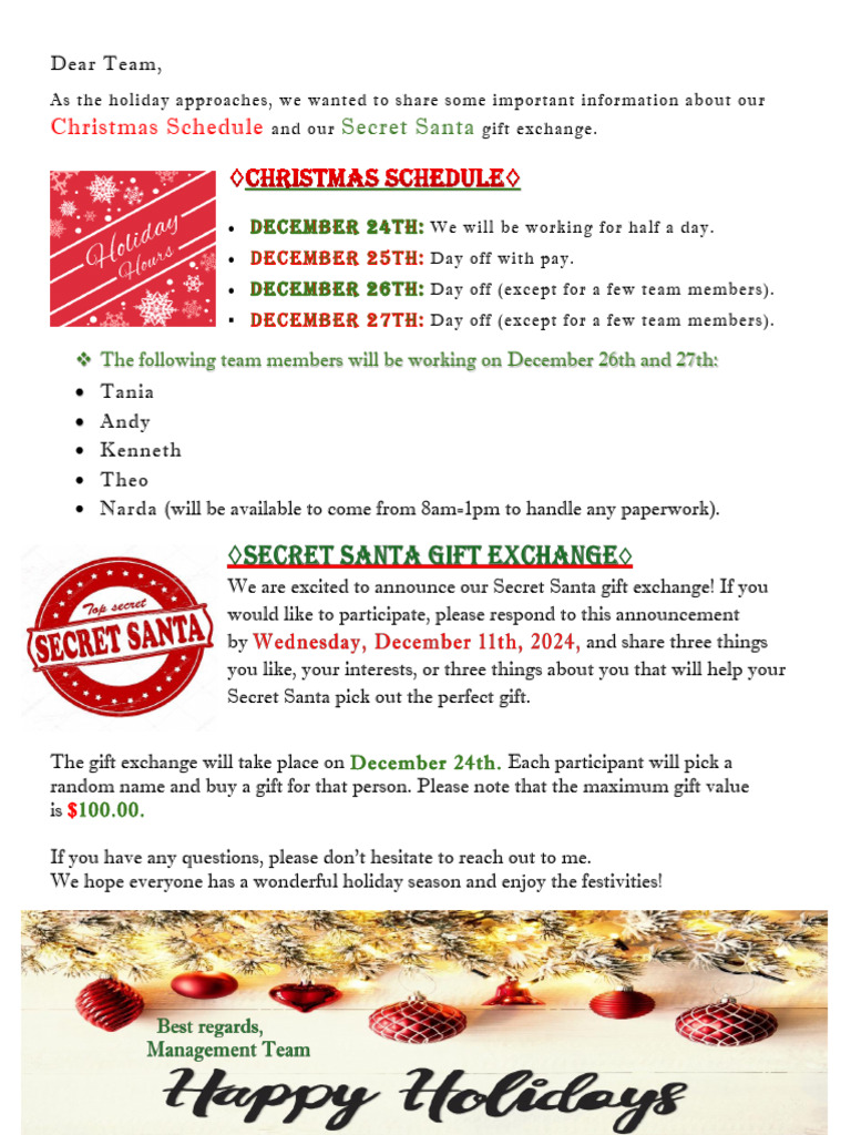Christmas Schedule & Secret Santa Details | PDF
