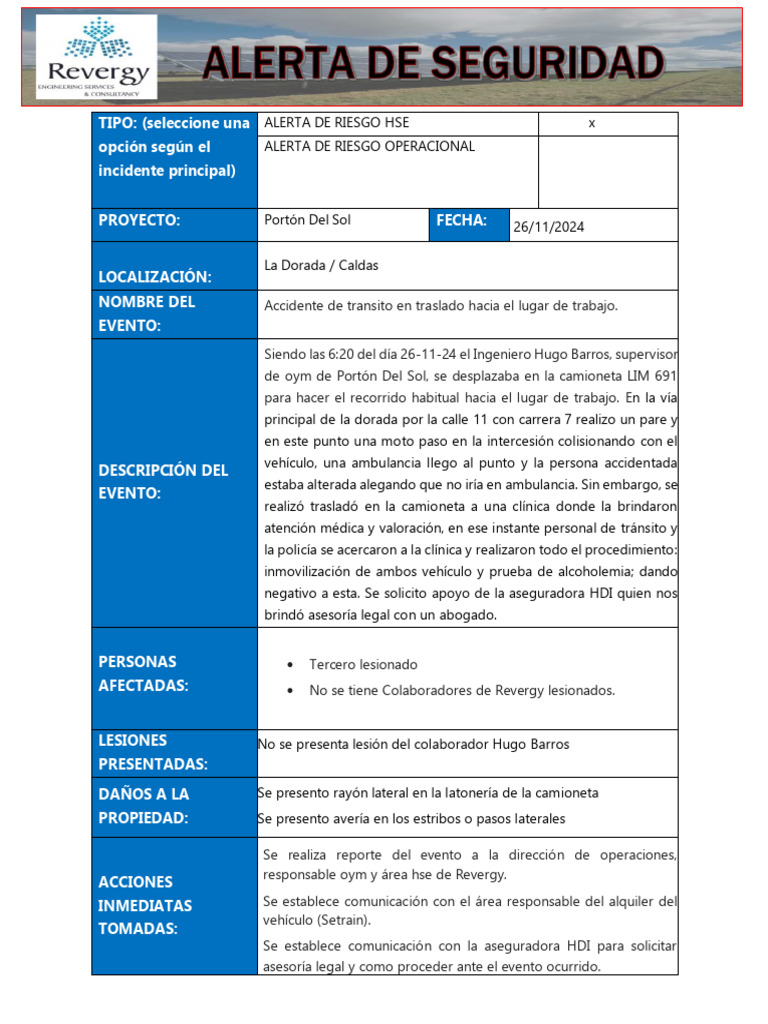 Alerta de Seguridad, HSE - PORTON DEL SOL TRANSITO | PDF