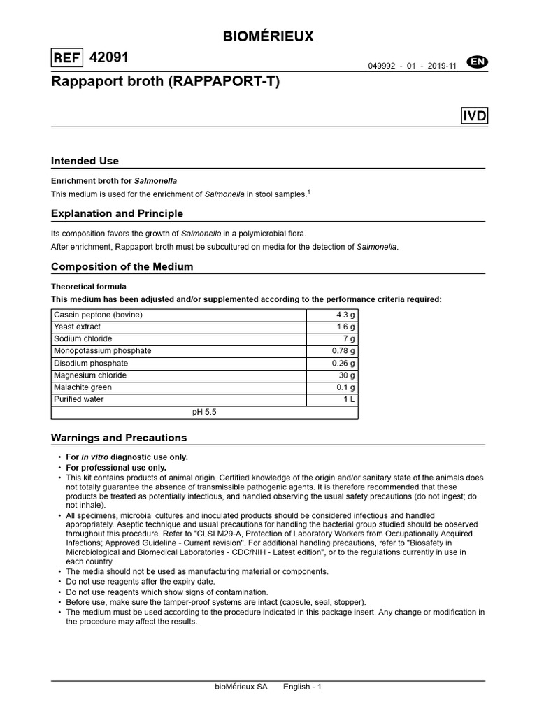 Rappaport Broth (RAPPAPORT-T) | PDF | Growth Medium | Infection