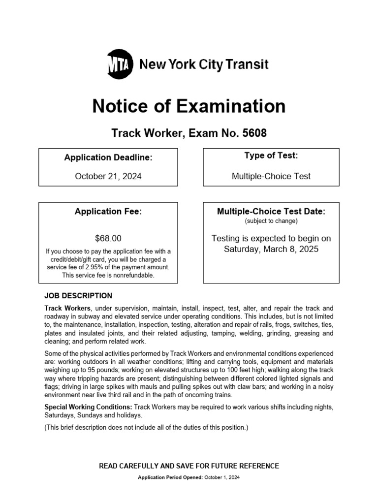 MTA Track Worker Exam No. 5608 Details | PDF | Identity Document ...