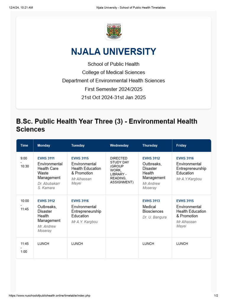 Njala University - School of Public Health Timetables | PDF