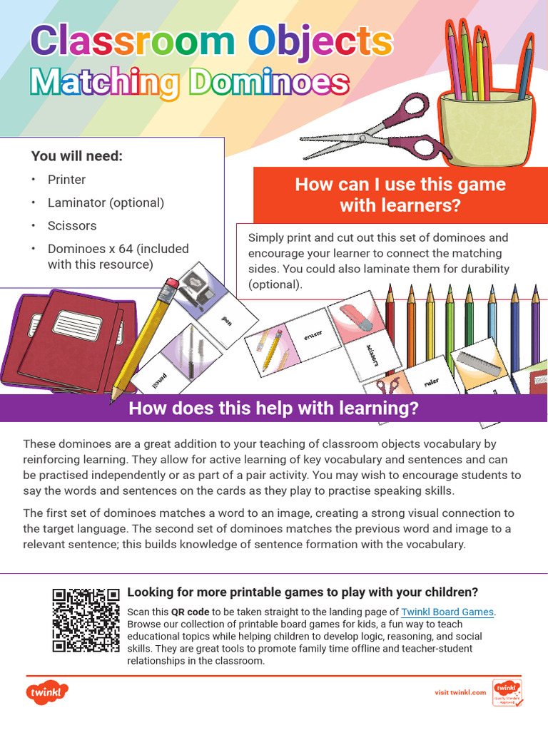 Classroom Objects Matching Dominoes Game For Learners of EAL ...
