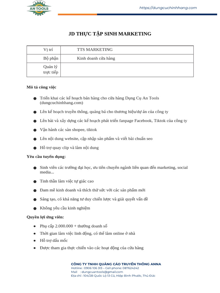 JD THỰC TẬP SINH MARKETING | PDF