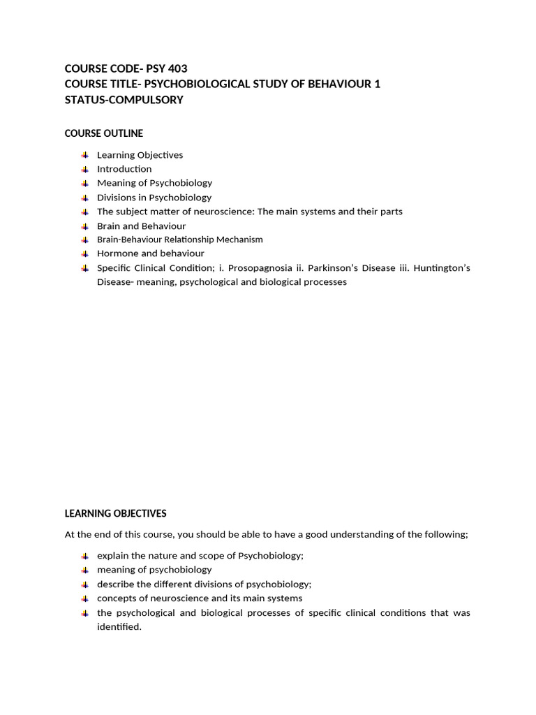 Psy 403 Psychobiological Study of Behaviour 1 | PDF | Chemical Synapse | Neuron