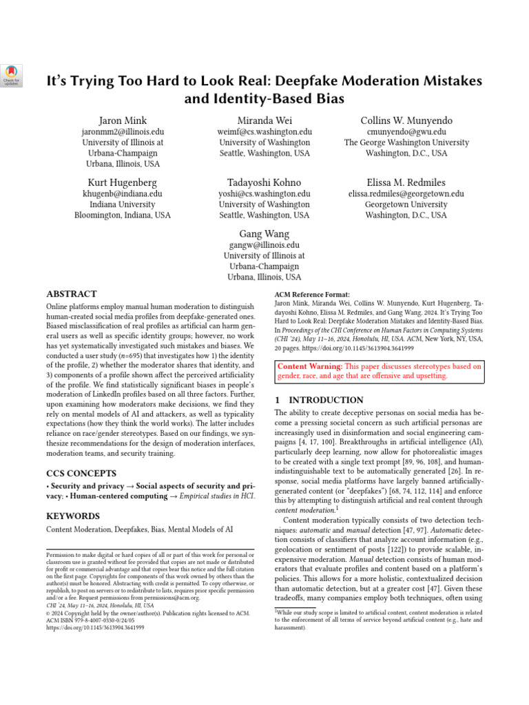 It’s Trying Too Hard to Look Real: Deepfake Moderation Mistakes and Identity-Based Bias | PDF ...