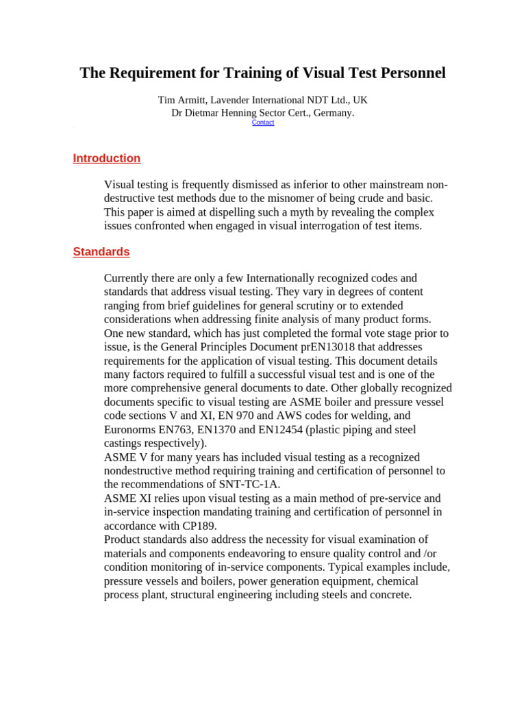 The Requirement For Training of Visual Test Personnel | PDF ...