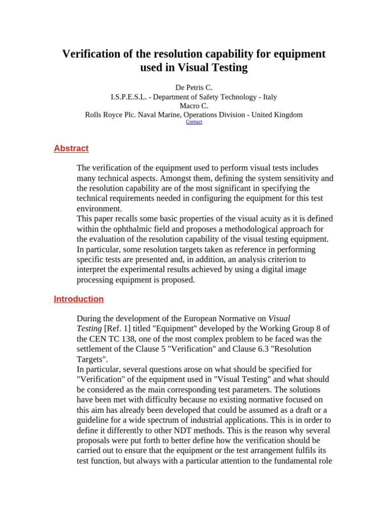 Verification of The Resolution Capability For Equipment Used in Visual ...