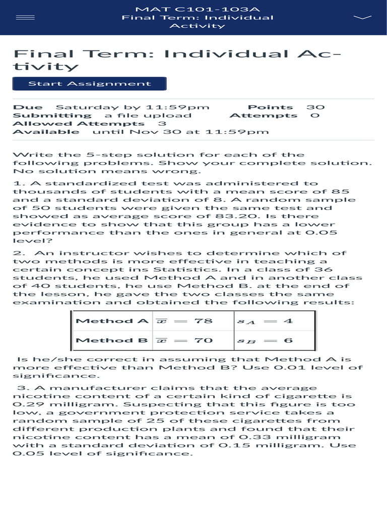 Final Term: Individual Ac-Vity: Due Points Submi NG A Empts Allowed A ...