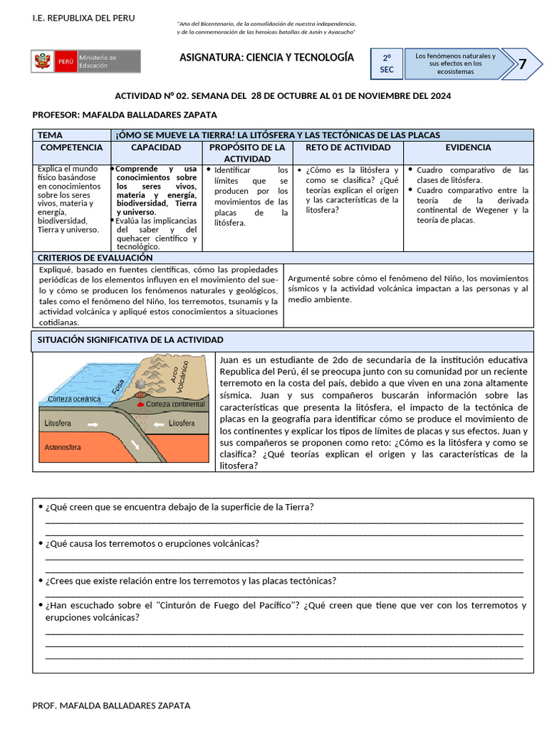 2°sec - UNIDAD 7 - ACTIVIDAD 2 (CyT Explica 2024) - Cómo Se Mueve La Tierra, La Litósfera y Las ...