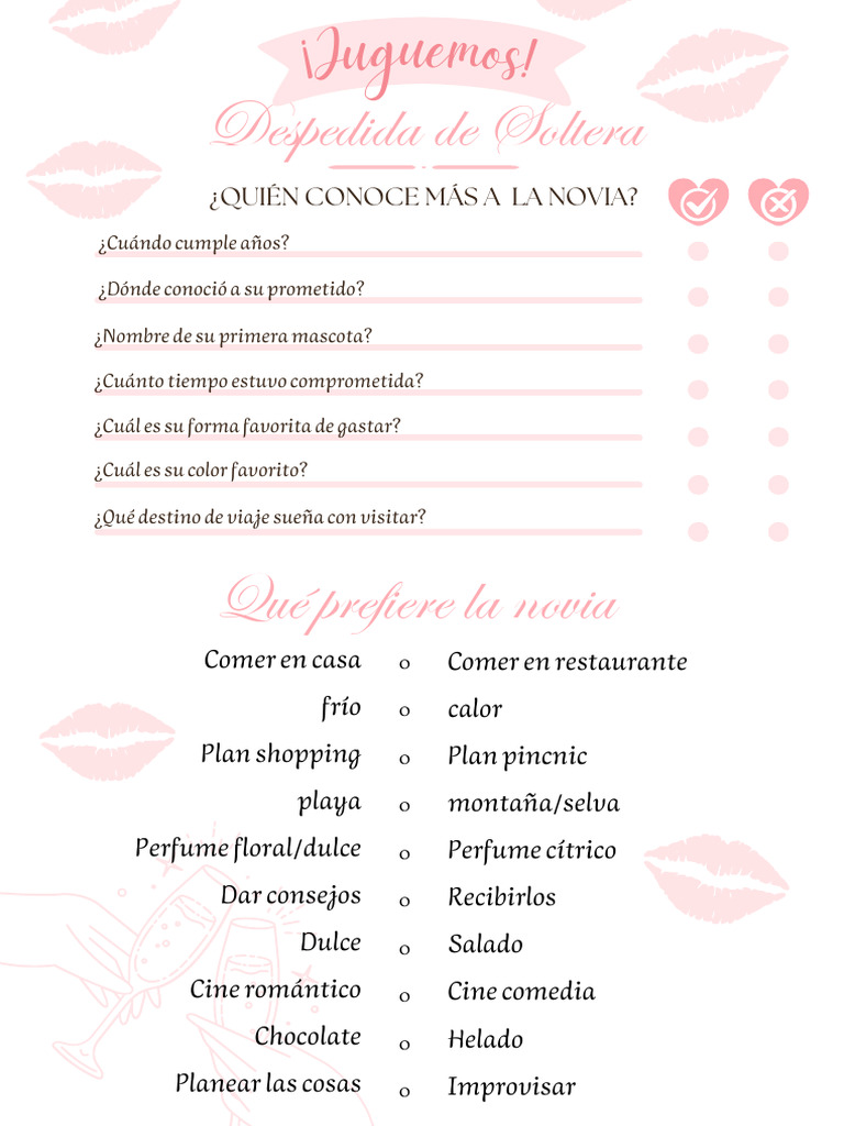 Documento A4 Juegos Cuestionario para Despedida de Soltera Divertida Rosa | PDF