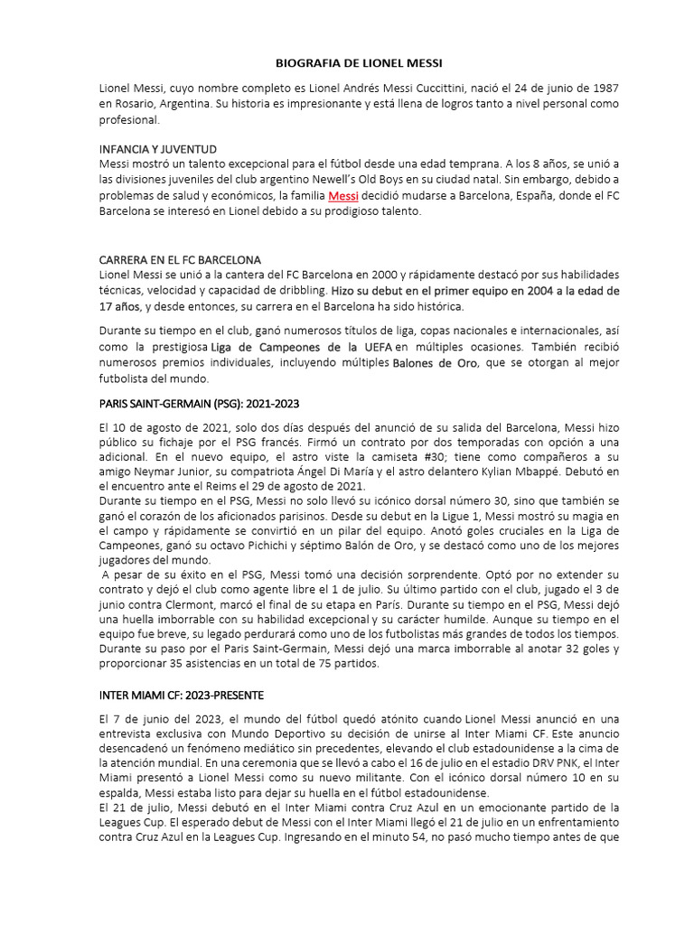 Biografía de Lionel Messi: Éxitos y Legado | PDF | Lionel Messi | FC ...