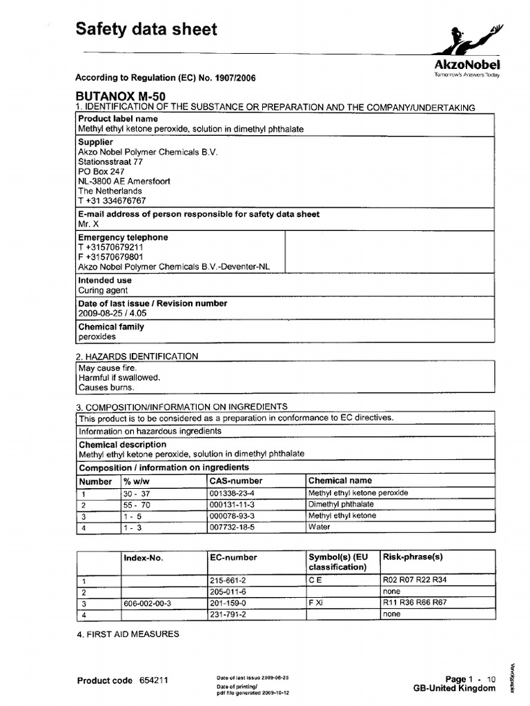 Ficha de Seguridad Butanox M-50 Akzo | PDF