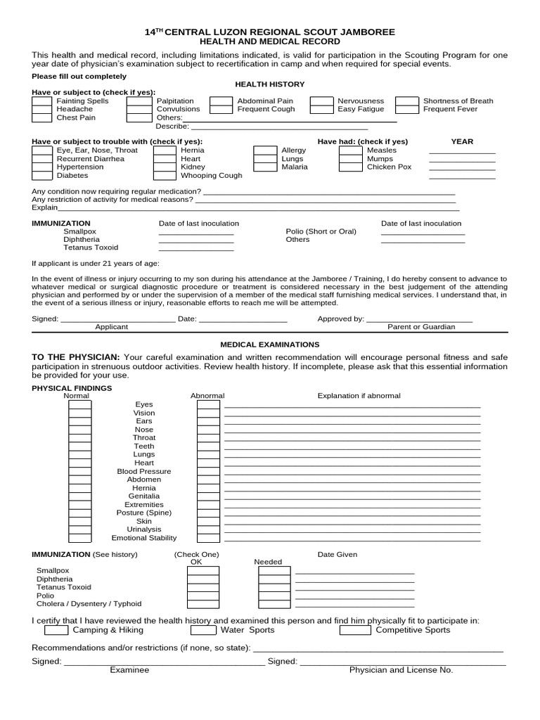 Scout Jamboree Medical Form | PDF | Cough | Smallpox