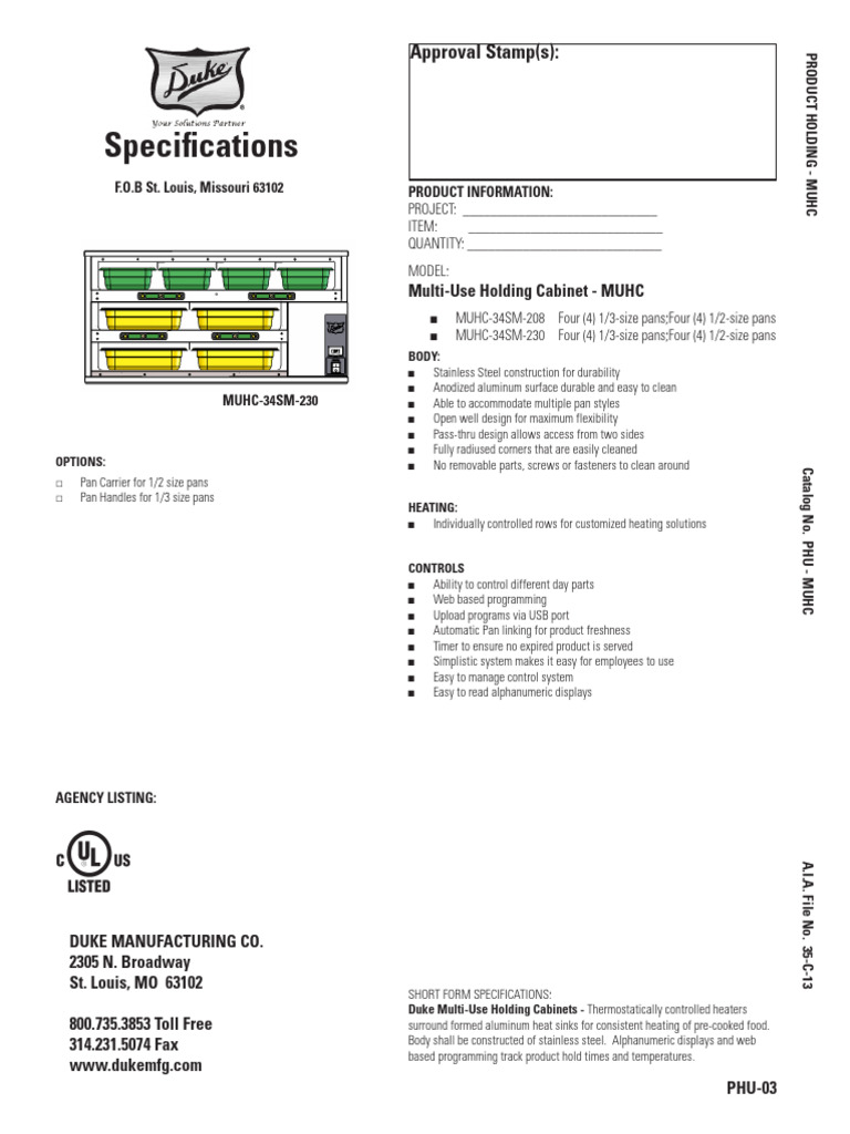 Duke MUHC-34SM Spec Sheet | PDF | Manufactured Goods