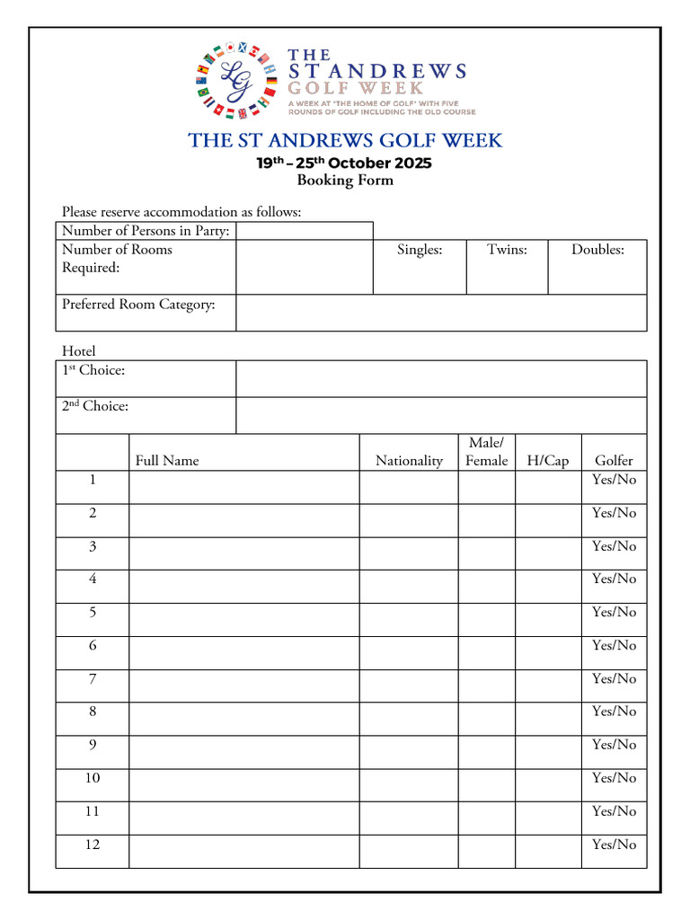 October 2025 ST Andrews Golf Week Booking Form | PDF