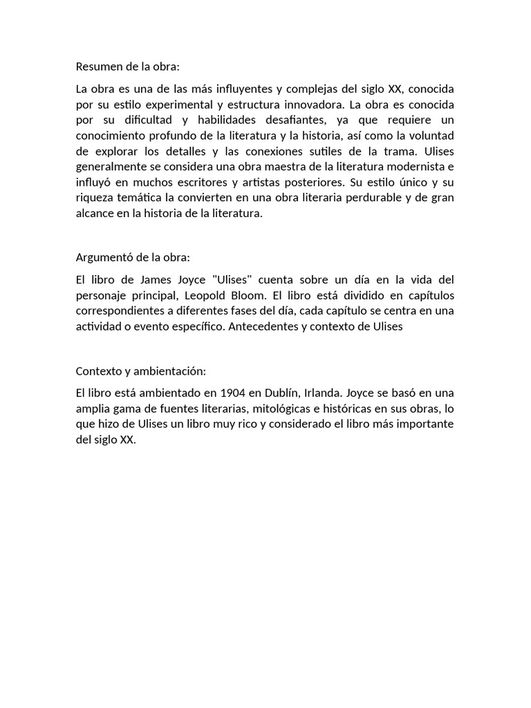 Resumen de "Ulises" de Joyce | PDF