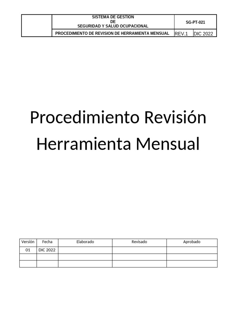 SG-PT-021 FORMATO Procedimiento Revision de Herramienta Mensual | PDF ...