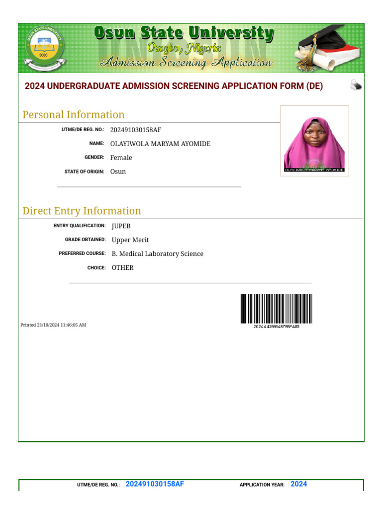 Uniosun 2024 Direct Entry Admission Form | PDF | University And College ...