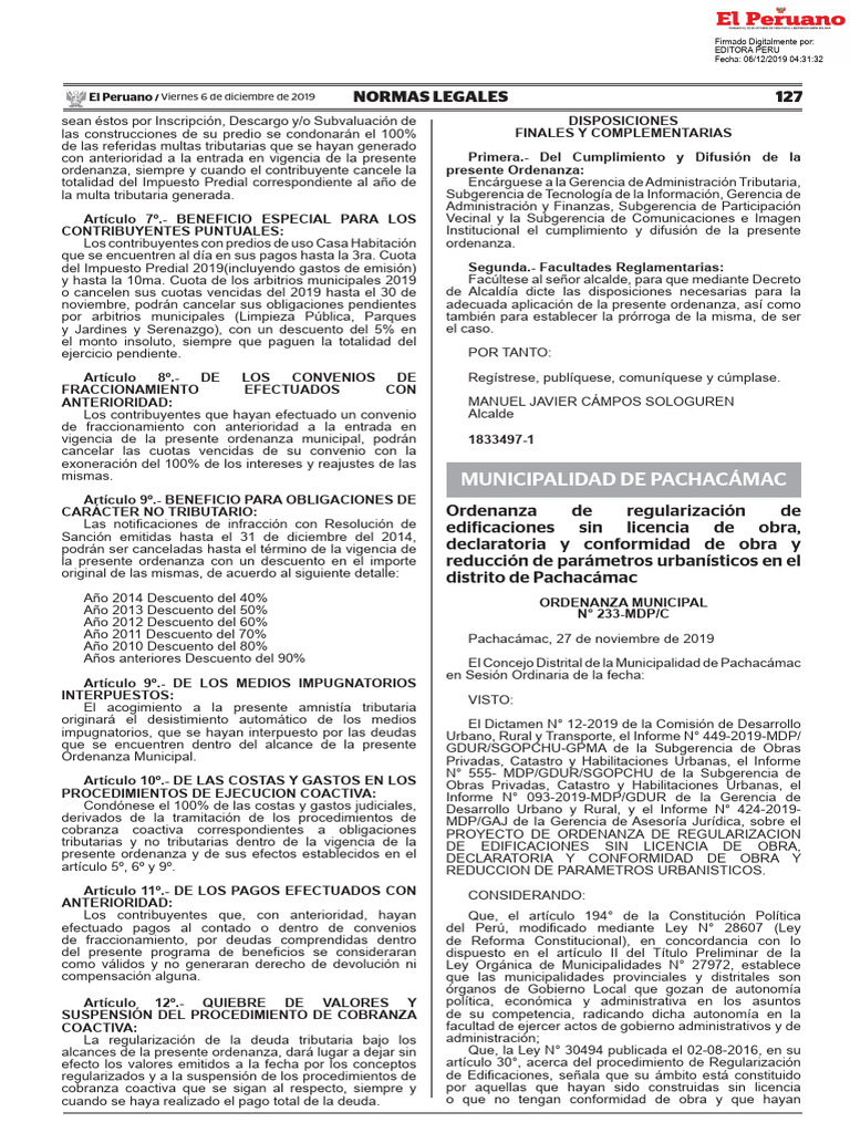 Ordenanza 233-2019 - Pachacamac Regularizacion de Edificacion | PDF | Condominio | Regulación