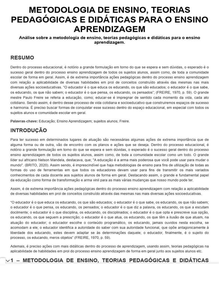 Metodologias e Teorias do Ensino Aprendizagem | PDF | Aprendizado ...