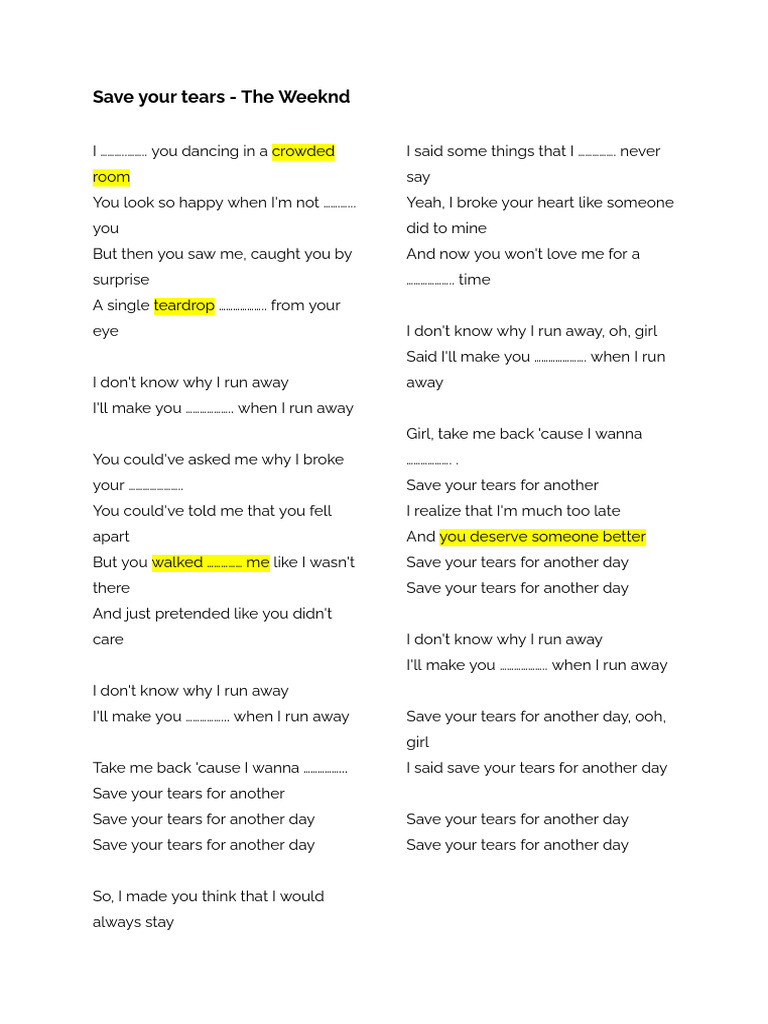 Save Your Tears Lyrics - The Weeknd | PDF