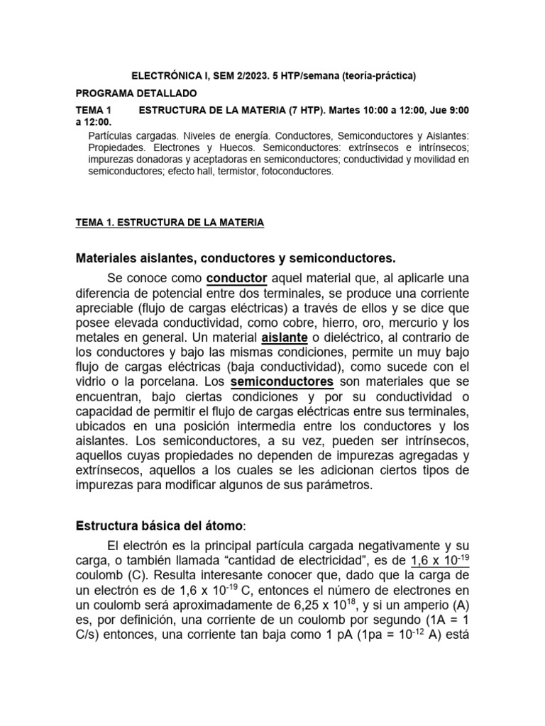 ELECTRÓNICA I TEMA 1 | PDF | Semiconductores | Dopaje (semiconductor)
