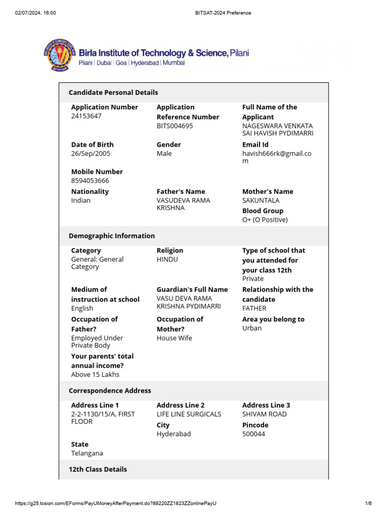 BITSAT-2024 Preference Form Details | PDF