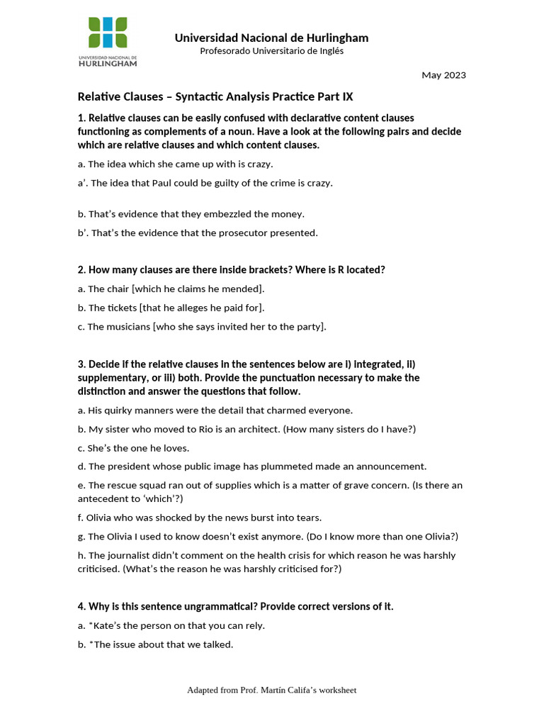 Relative Clauses - Syntactic Analysis Practice Part IX | PDF | Clause | Grammar