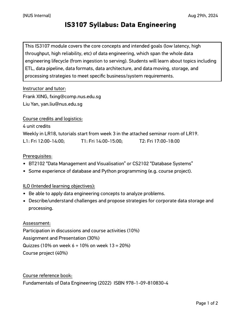 IS3107-2024-Syllabus | PDF | Information Science | Information Retrieval