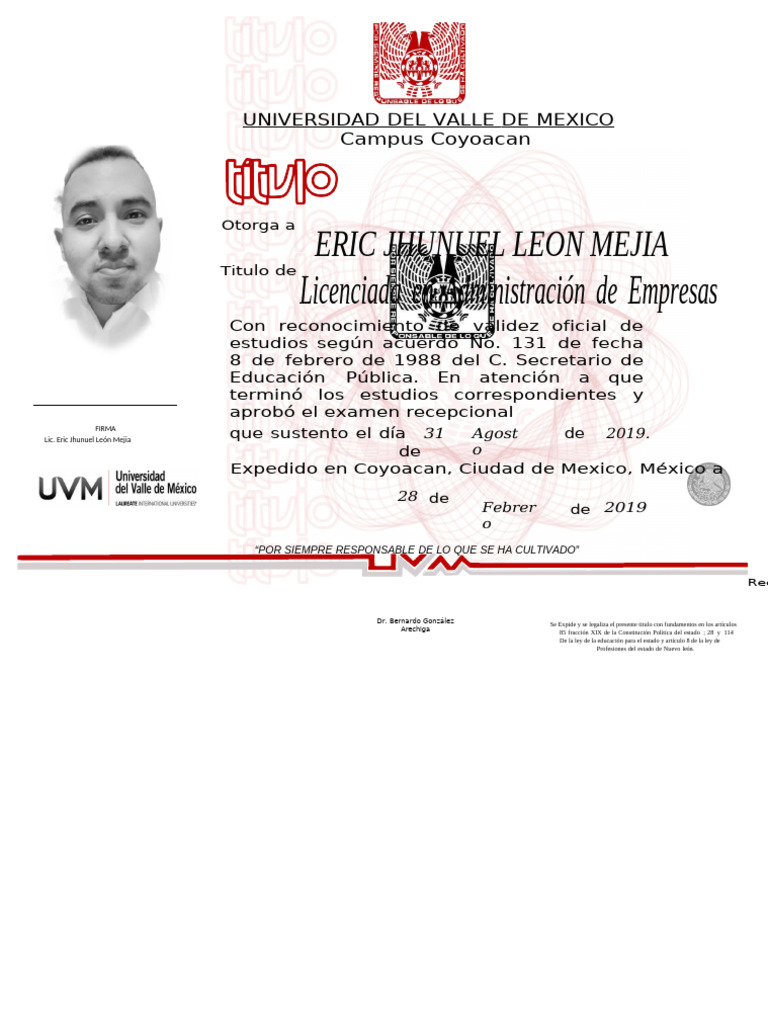 TITULO PARTE DE ENFRENTE Uvm | PDF