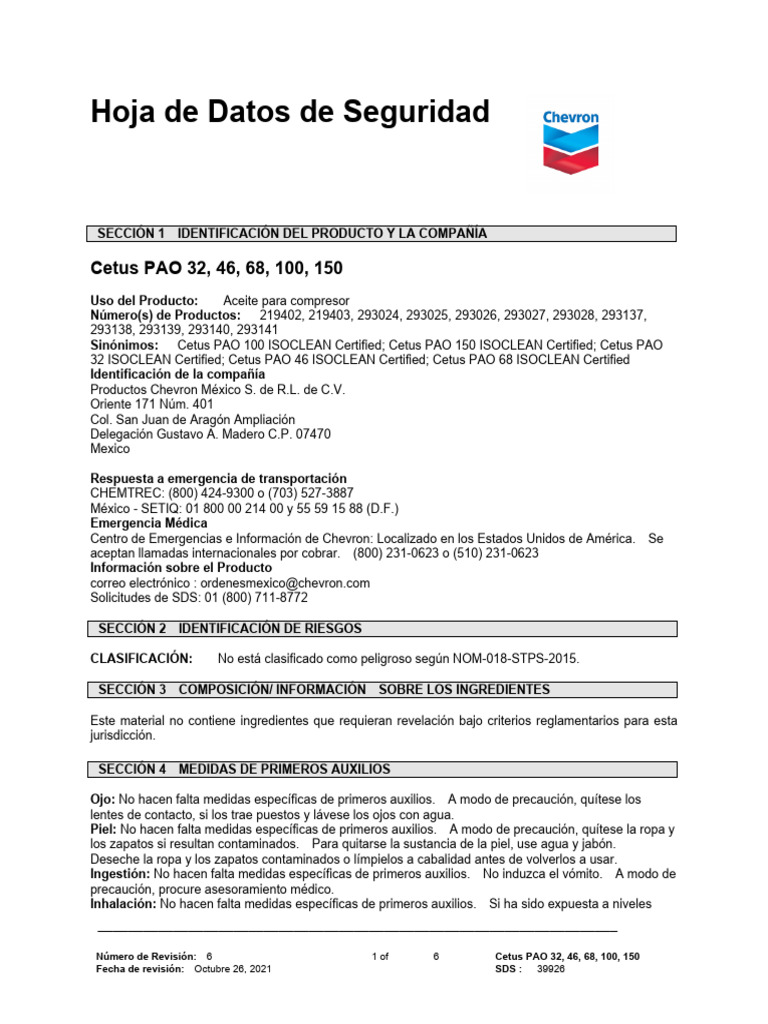 Hoja de Seguridad - Aceite Compresora Marca Chevron Pao 46.ok | PDF | Combustión | Toxicidad