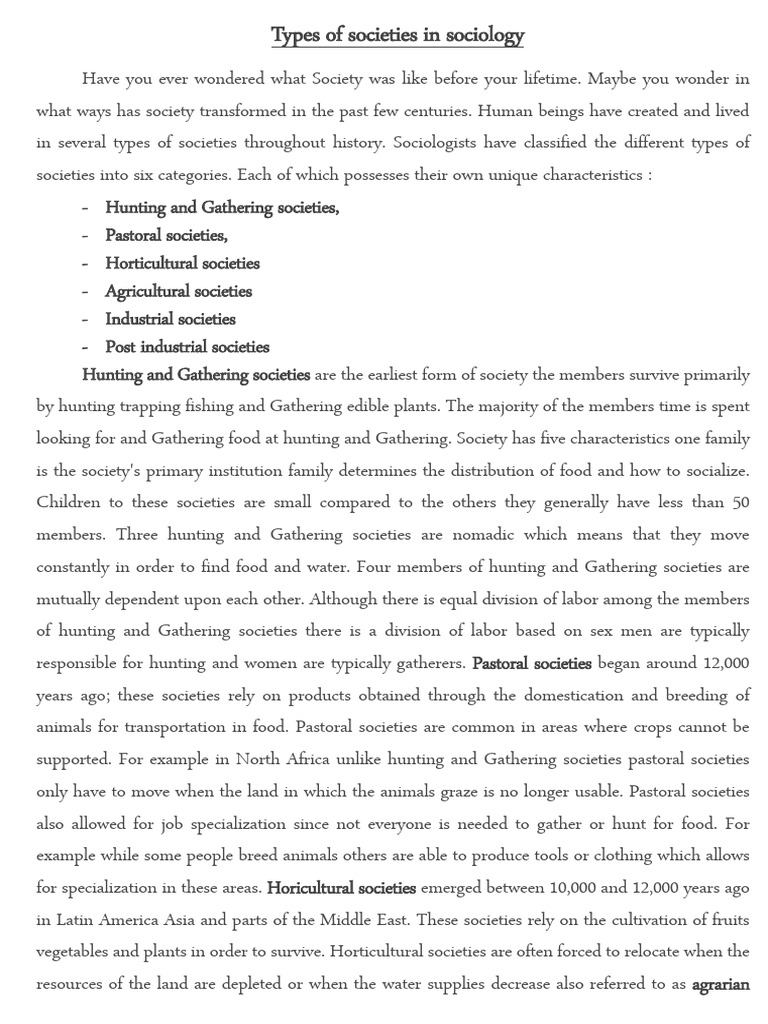 Types of Societies in Sociology | PDF | Society | Agriculture