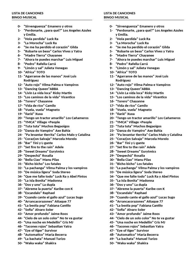 Bingo Musical: Lista de Canciones | PDF | Musica en español | Músicos