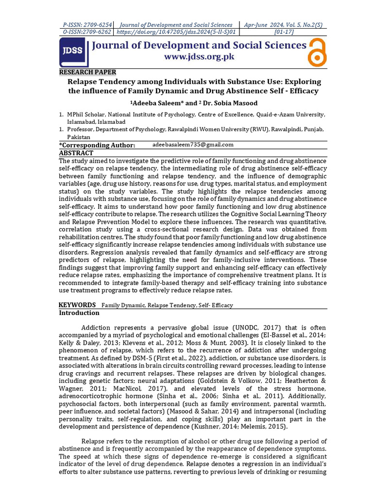 Relapse Tendency Among Individuals With Substance Use: Exploring The Influence of Family Dynamic ...