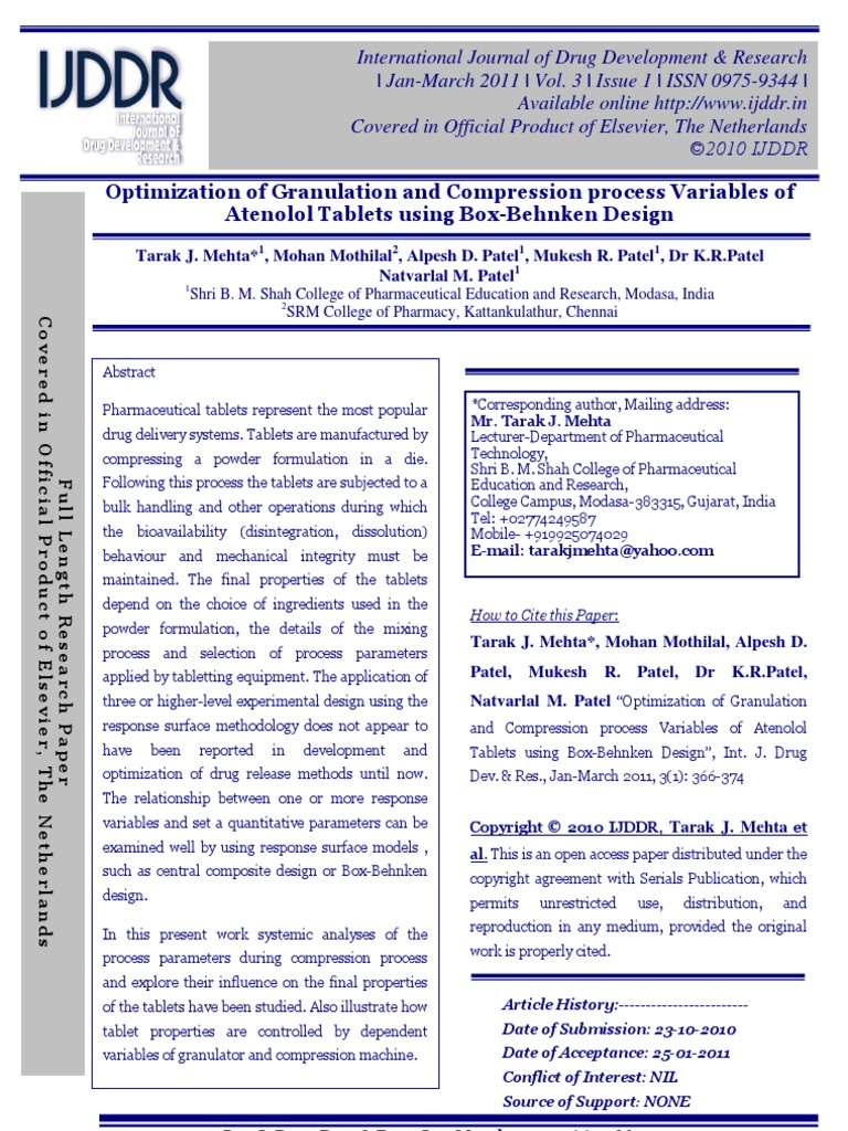 Optimization Of Granulation And Compression Process Variables Of Atenolol Tablets Using Box