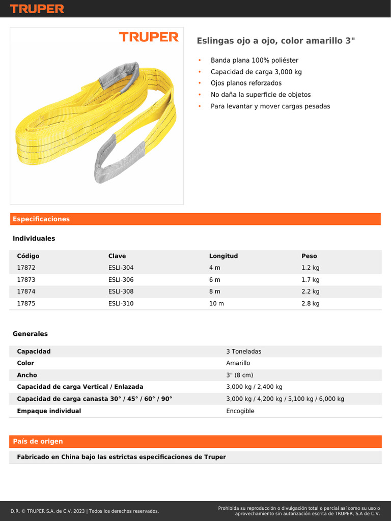 Eslingas Ojo a Ojo 3" - Capacidad 3,000 kg | PDF